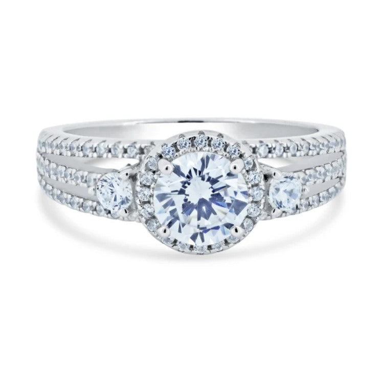 3 Stone Halo Engagement Ring – Lilies and Crown